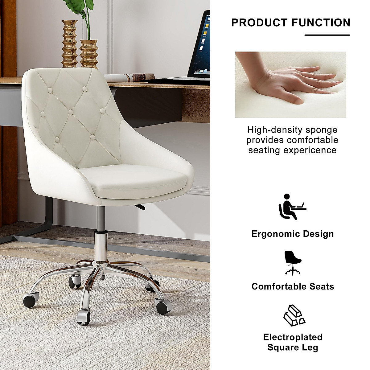 Warmiehomy Office Desk Chair with Wheels, Modern Velvet Vanity Chair with Mid Back, Ergonomic Computer Task Study Chair 360 Degree Swivel Height Adjustable for Office Make Up Bedroom,Sliver-Beige