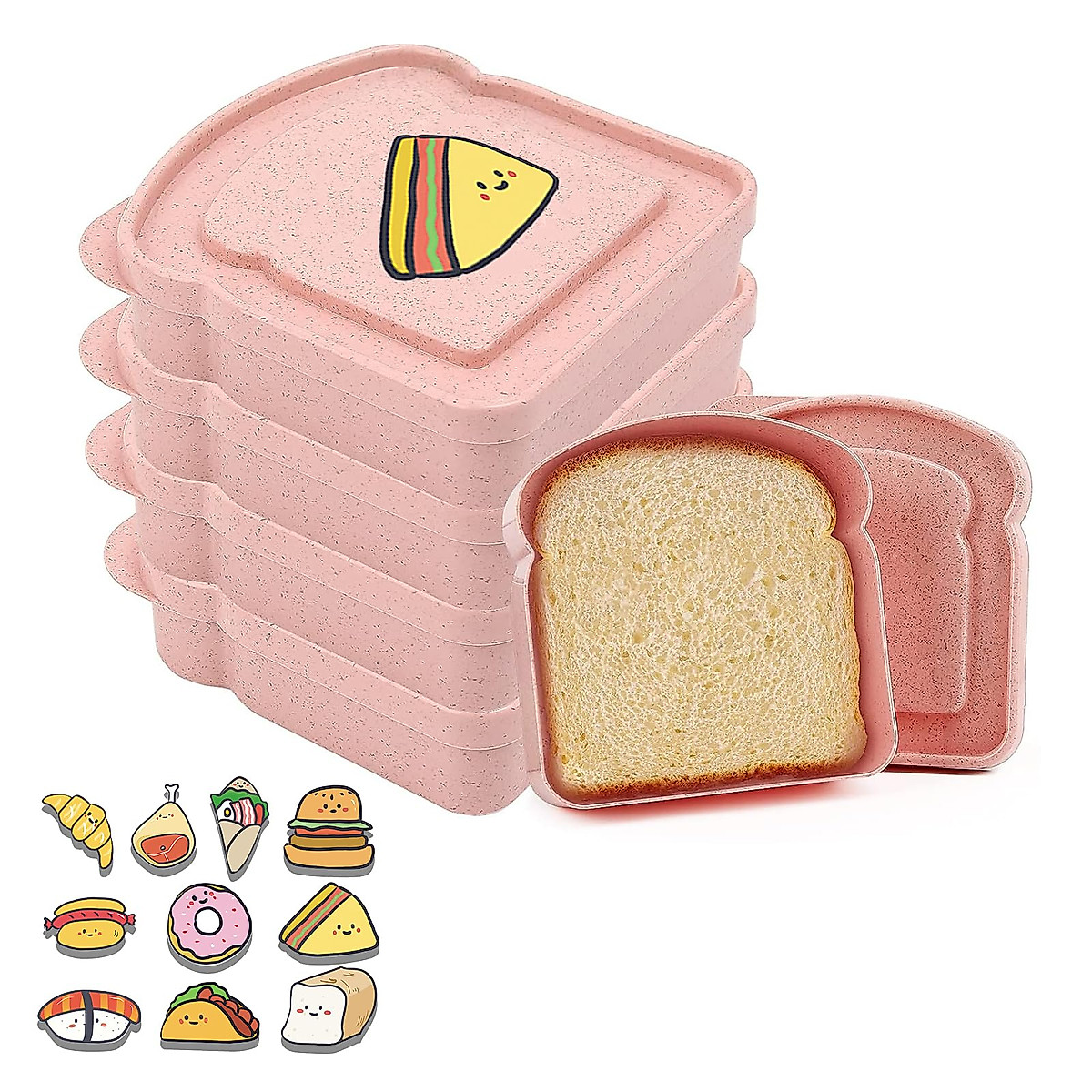 ATAMOW Sandwich Containers, 4 Pcs Sandwich Containers for Lunch Boxes with 10 Sheets Funny Graffiti Stickers, Sandwich Box with Lid, BPA Free, Microwave & Dishwasher Safe(Pink