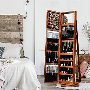 CHARMAID 360° Swivel Jewelry Armoire with Higher Full Length Mirror, Standing Lockable Jewelry Cabinet Organizer with Large Storage Capacity, Inside Makeup Mirror, Back Storage Shelves (Walnut)