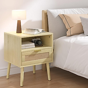 Smart FENDEE Rattan Nightstand, Boho Side Table with Drawer Open Shelf, Wood Accent Bedside End Table for Small Places, Bedroom, Natural Oak