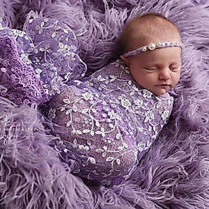 3 Pcs Newborn Photography Props Outfits, Fluffy Baby Posing Photoshoot Blanket + Embroidered Lace Baby Photo Wrap + Headband with Flower Set, Infant Toddler Girls Posing Props