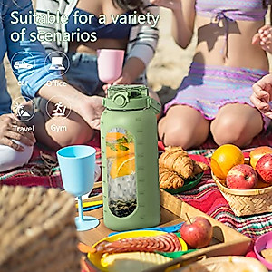 BLUEGO 64 oz Glass Water Bottles with Straw Time Marker Half Gallon Large Motivational Bottle Silicone Sleeve 2 Liter Jug for Gym, Sports& Workout, Olive