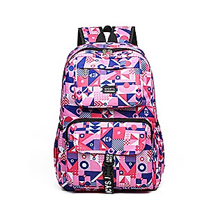 Geometric Prints Primary Kids Backpack, Elemetary Students Bookbag Teens Schoolbag, Knapsack for Girls, Pink