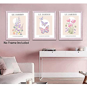 Le Jardin Posters for Room Aesthetic - Unframed Set of 3 (12x16 inch) Danish Pastel Room Decor, Butterfly Wall Art, Boho Wall Decor, Room Decor Aesthetic, Flower Market Posters, Purple Butterfly Pink Poppy Artsy Poster Prints for Living Room Bedroom by za