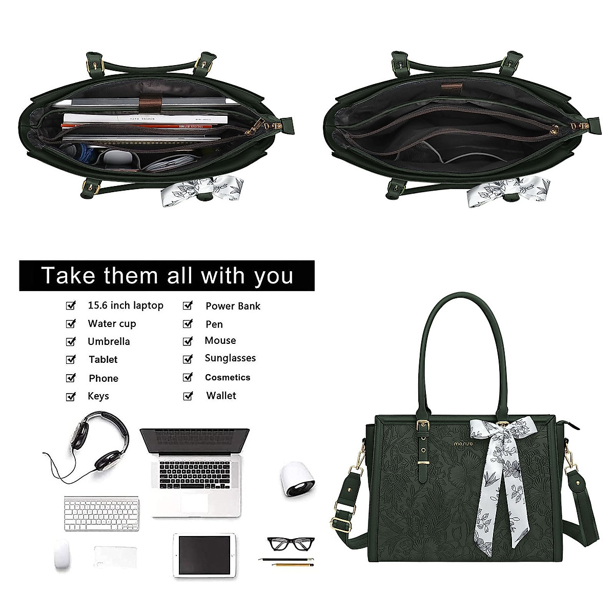 MOSISO Laptop Tote Bag for Women, 15.6-16 inch PU Leather Compatible with MacBook, HP, Dell, Asus Notebook, Front Embossed Retro Hibiscus Computer Bag with Silk Scarf & Clutch Purse, Emerald Green