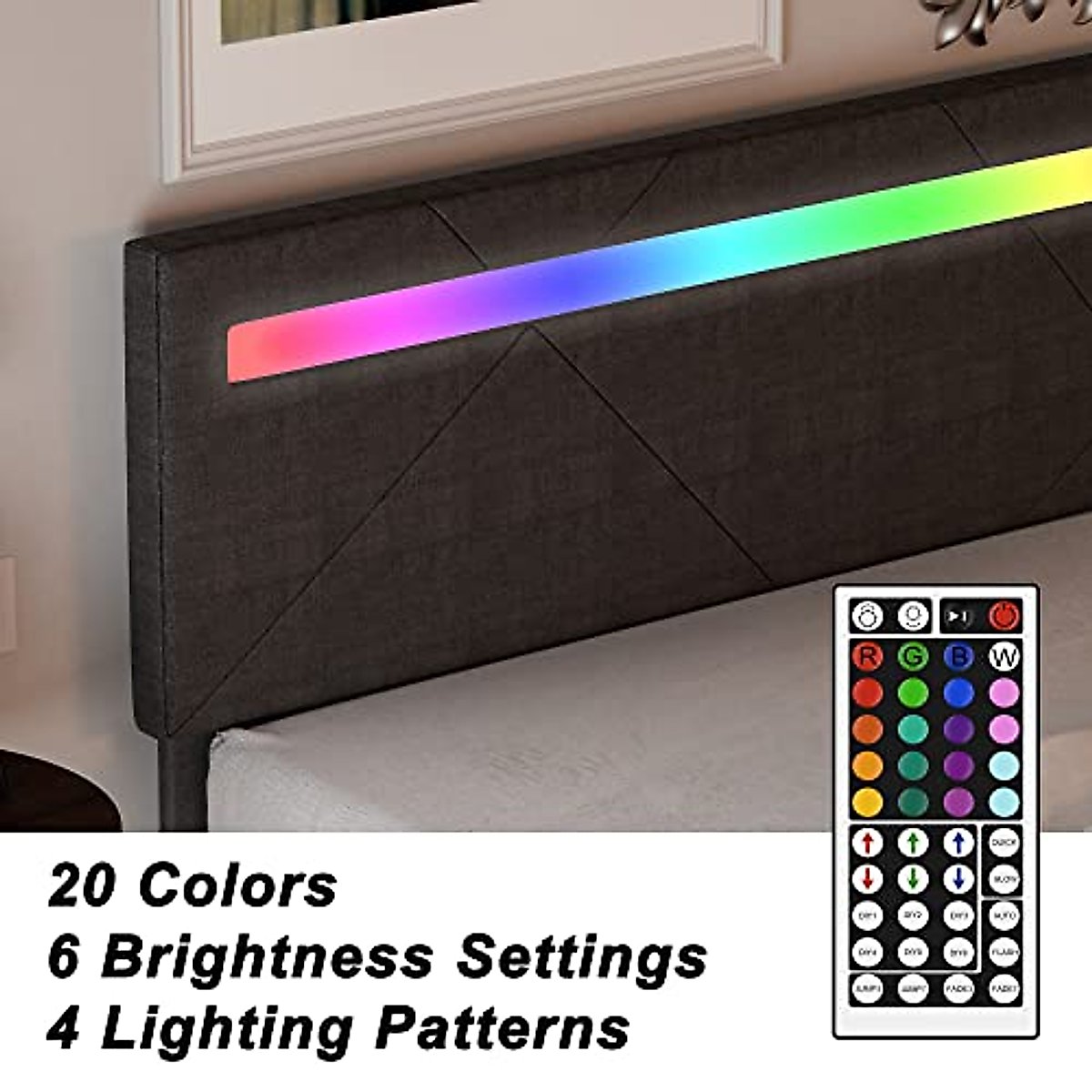 LIKIMIO Full Bed Frame, Upholstered Modern Platform Bed Frame with Height Adjustable Headboard and LED Lights, No Box Spring Needed/Noise-Free/Easy Assembly (Dark Grey, Full)