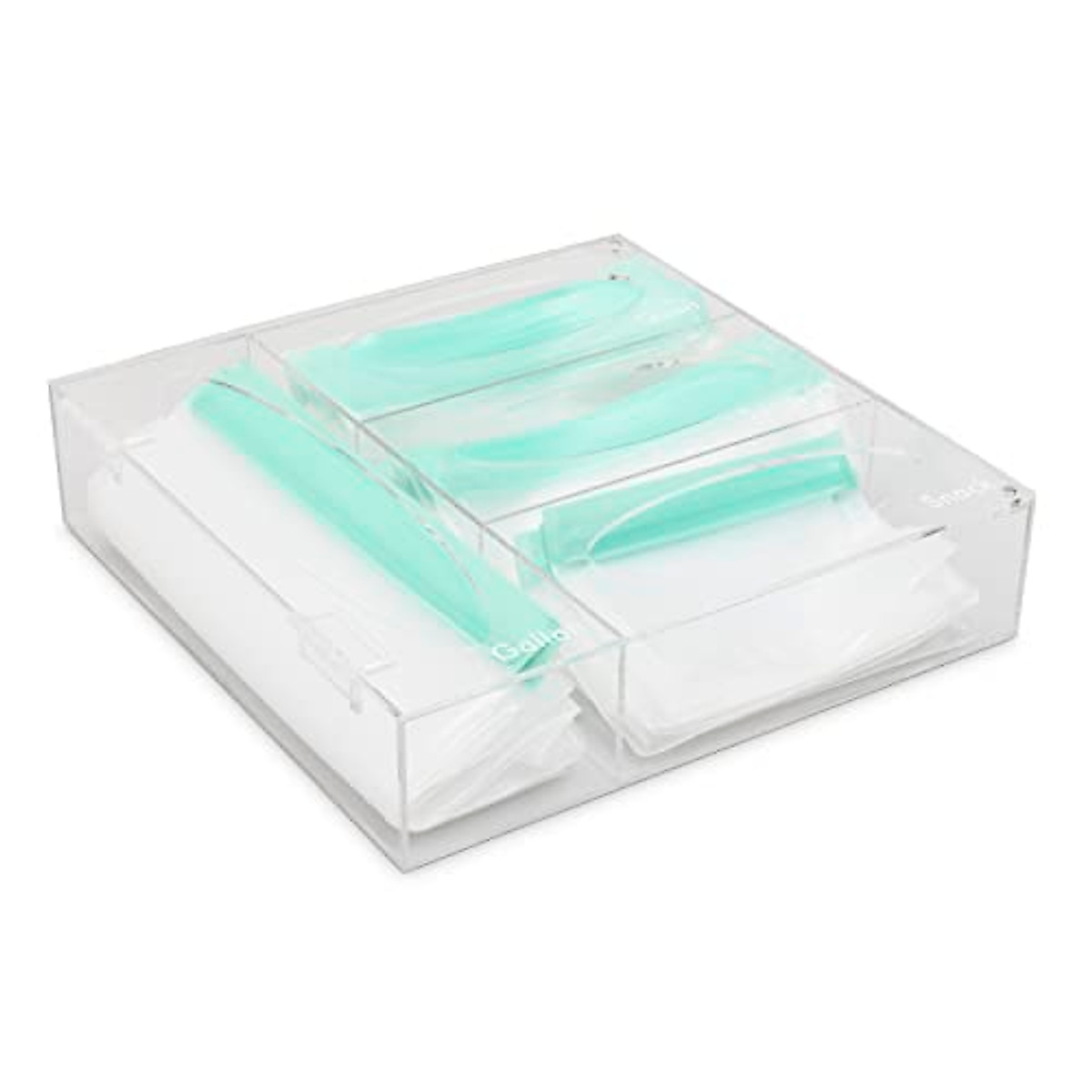 Details lab Ziplock Bag Storage Organizer with Clear Acrylic Bonus Drawer, Holds Plastic Food Baggies for Kitchen Pantry Drawer, Compatible with All-Size Ziploc Bags, Food Container Organizer