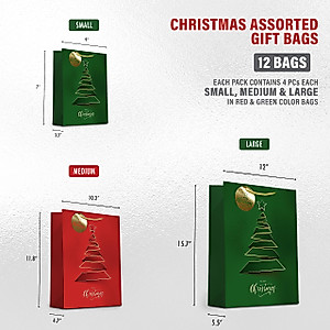 easykart labels 12 Christmas Gift Bags, Red & Green Metallic & Texture Finish with Golden & Spot Gloss Xmas Tree, Assorted Sizes With Handle (4 Extra Large 16", 4 Large 12", 4 Medium 9")