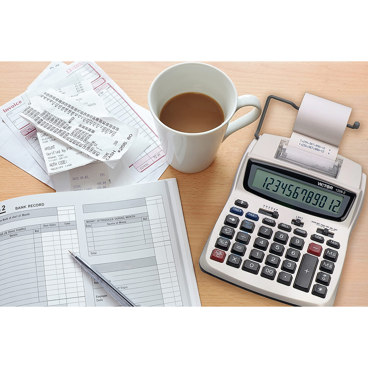 Victor Printing Calculator, 1208-2 Compact and Reliable Adding Machine with 12 Digit LCD Display, Battery or AC Powered, Includes Adapter,White