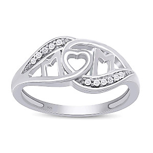 Round Cut White Natural Diamond Accent "MOM" Ring In 14k White Gold Over Sterling Silver Jewelry For Her Women (I-J Color, I2-I3 Clarity, 0.01 Cttw) Ring Size-6