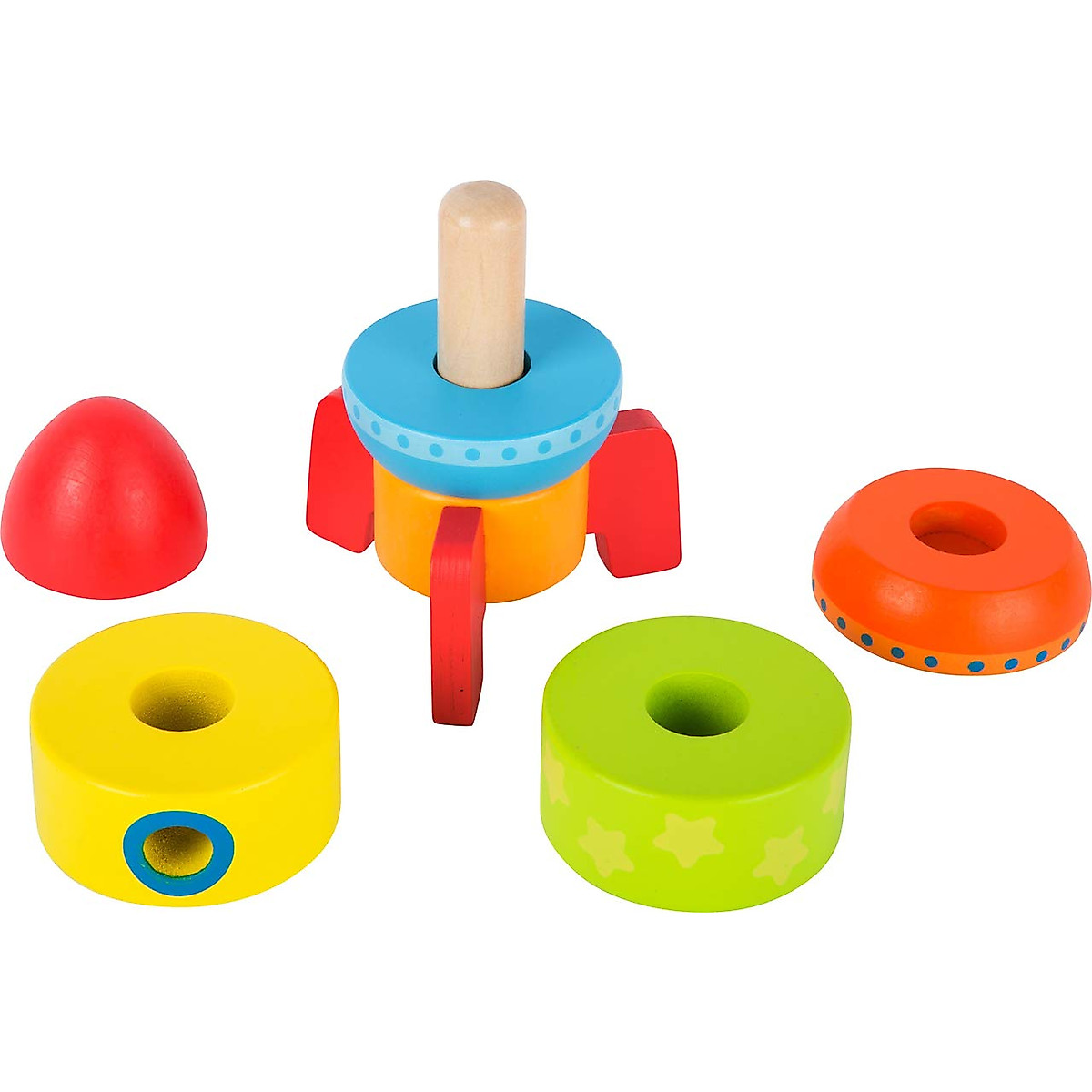 Small Foot Wooden Toys Colorful Rocket Shaped Stacking Toys, Six Plug-in Parts Promote The Fine Motor Skills Designed for Children 12+ Months