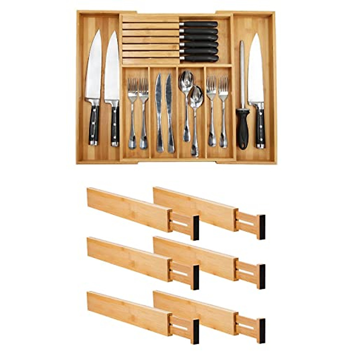 Bamboo Silverware Tray for drawer, Expandable/Adjustable Drawer Dividers (6 Pack)
