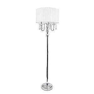 Elegant Designs LF1002-WHT Romantic Cascading Hanging Crystals Sheer Drum Shade Chrome Floor Lamp, White