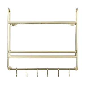 CosmoLiving by Cosmopolitan Metal Rectangle Wall Shelf with Hooks, 20" x 5" x 20", Gold