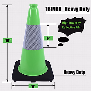 BESEA 6Pack 18" inch Traffic Cones Green Safety Cones PVC Construction Cones with 6 inch Reflective Collar for Home Driveway Road Parking Use(6 Cones)