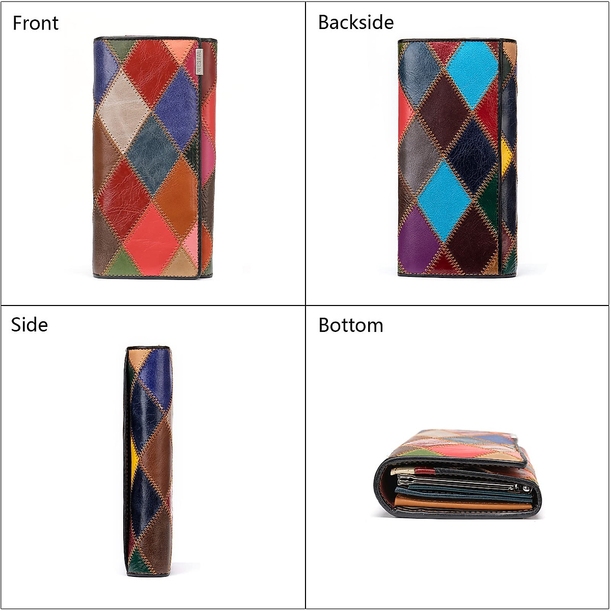 MASIWEI Genuine Leather Folded Wallet for Women Credit Card Holder RFID Blocking Cell Phone Pouch Patchwork Style (Rhombus-1)