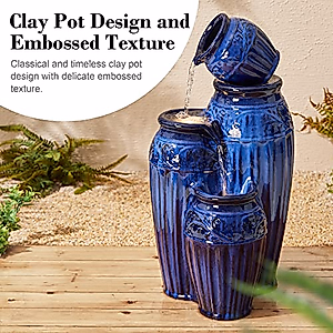 Glitzhome 27.25" H Outdoor Garden Water Fountain with LED Lights and Pump, 4 Tier Cobalt Blue Embossed Pattern Ceramic Pots Cascading Floor-Standing Fountain for Porch Deck Patio Backyard Decoration