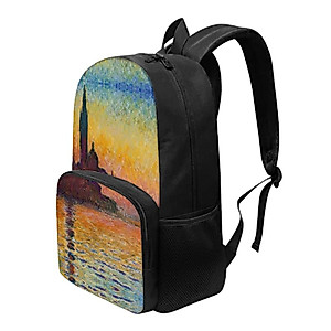 Rivatimrio The Twilight of San Giorgio Church Monet Backpack Boys Girls School Impressionism Oil Painting Rucksack Middle High School Bags Double Zipper Rucksack Teenagers