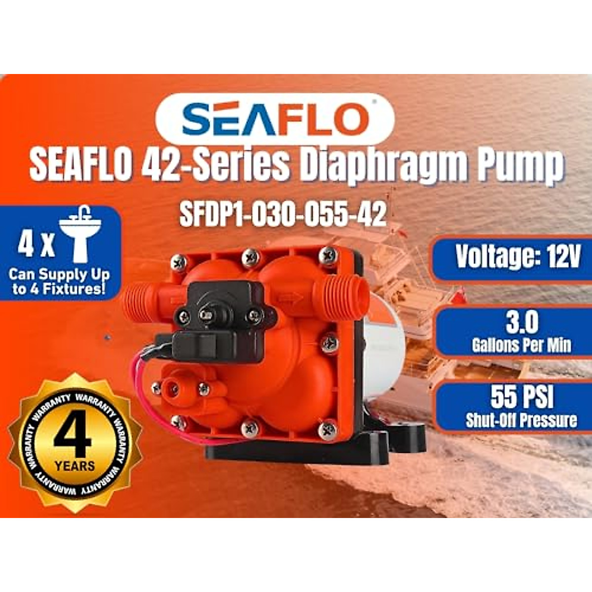 Seaflo 42 Series Diaphragm Pump with Bypass for Reduced Cycling 12V/24V 3.0GPM 55PSI (12 Volts)