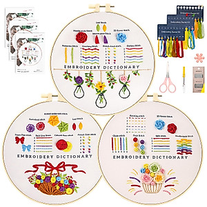 Embroidery Kit Beginners Embroidery Stitch Practice kit, chfine 3 Sets Hand Embroidery Starter Kit with 1 Hoop Learn 25 Different Stitches for Craft Lover Adult Stitch with Embroidery Skill Techniques