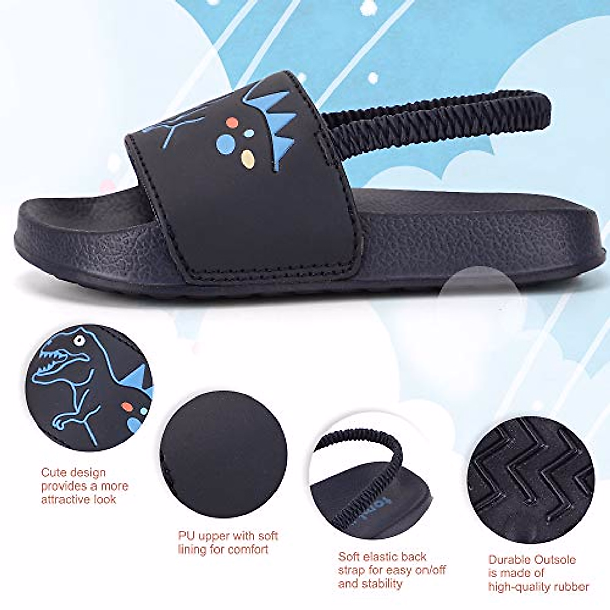 tombik Toddler Sandals Boys Pool Slipper Slides Kids Water Shoes for Beach Navy/Dinosaur 7-8 US M Toddler