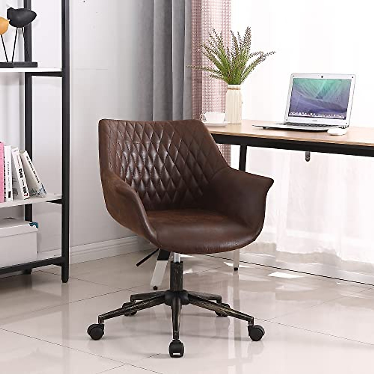 Home Office Desk Chair, Set of 2 Leather Modern Height Adjustable Task Chair with Armrest, Back and Wheels for Living Room Study Room and Bedroom, Brown