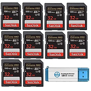 SanDisk 32GB (Ten Pack) SD HC Extreme Pro Memory Card for Digital DSLR Camera SDHC 4K V30 UHS-I (SDSDXXG-032G-GN4IN) with Everything But Stromboli (TM) 3.0 SD/TF Reader