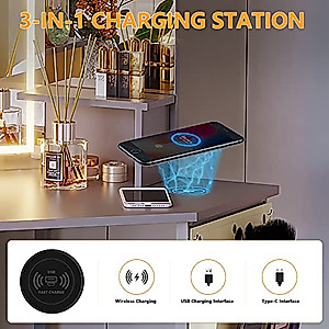 LVSOMT Vanity Desk with Mirror and Lights, Makeup Vanity with Charging Station, Dressing Table with 3 Lighting Options, Vanity Set with Drawers, Women’s Corner Vanity table, Grey