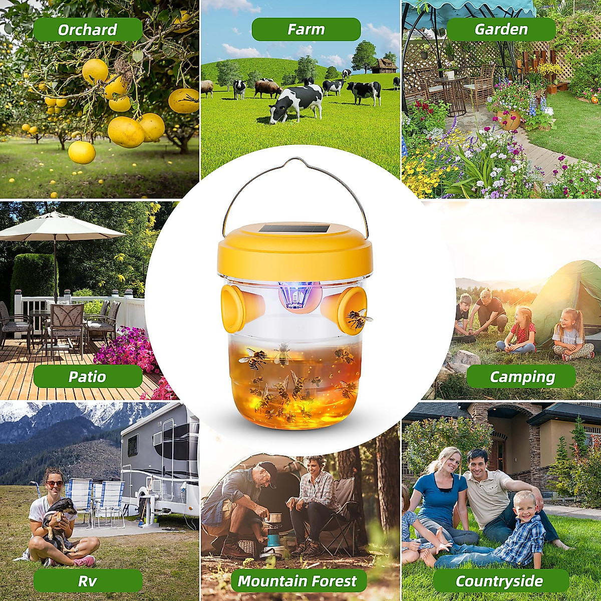 Wasp Traps Outdoor Hanging, Solar Powered Bee Traps 4 Packs, Yellow Jacket Traps-Carpenter Bee Traps for Outside, Wasp Deterrent Killer Reusable Yellow Jacket Hornet Catcher with LED Lights
