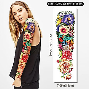 55 Sheets Temporary Tattoo for Men and Women, 8 Full Arm Fake Tattoos, 17 Half Arm Fake Skull Flower Tattoos, 30 Tiny for Adults Kids Body Shoulder Tattoos Stickers Waterproof Realistic Long-Lasting