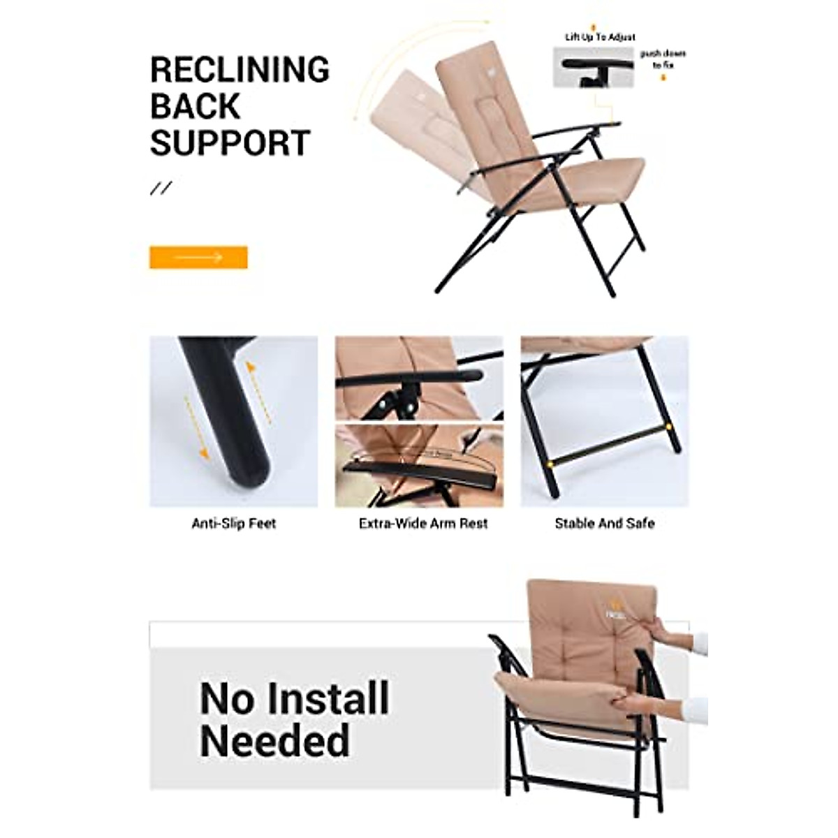 Nice C 3-Piece Patio Dining Set, Outdoor Table Set for 2, Garden Bistro Dining Furniture, 1 Folding Glass Table and 2 Folding Reclining Chairs with Cushion (Beige)