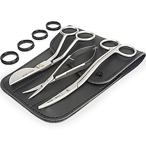 MAKER AND MARKET Premium Embroidery Scissors Set of 3 Kit - Double Bent Offset Duckbill, Spring Action Curved Blade and Double Bend Long Applique Needlepoint with Pouch Sleeve (Satin)