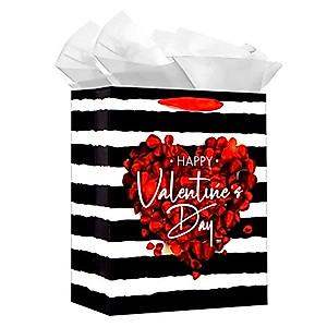 WaaHome Happy Valentines Day Gift Bag with Handle 13''x10.5''x5.8'' Large Red Rose Gift Bags with Tissue Paper, Romantic Valentines Gift Bags for Her Him Girlfriend Boyfriend Wife Husband Women