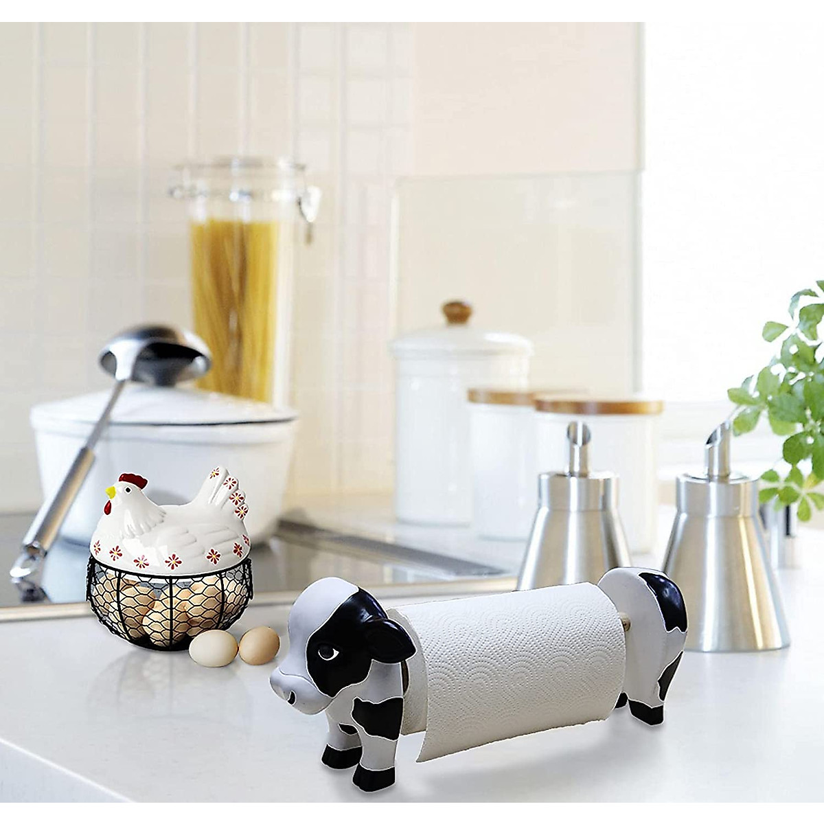 Wooden Paper Towel Holder Countertop Farmhouse Cow Design Paper Towel Roll Holder Stand Base Rustic Animal Paper Towel Organizer for Kitchen Living Room Bedroom Home Farmhouse Decoration