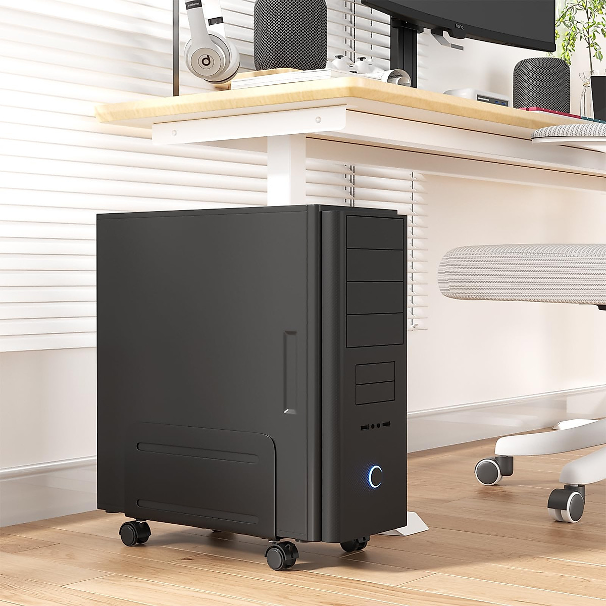 CPU Stand, Computer Tower Stand with 2 Locking Wheels and 2 Caster Wheels, UPC Steel Rolling Stand Computer Stand for Desktop Tower (Black)