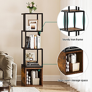YITAHOME 4-Tier Rotating Bookshelf 360 Display Floor Standing Bookcase for Small Spaces Industrial Narrow Shelf Organizer Storage Rack for Bedroom, Living Room, Study Room,Rustic Brown