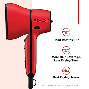 REVLON Airflow Control Hair Dryer with Diffuser | 1875W Blow Dryer Head Rotates 90° for Total Control, Wider Head for Less Drying Time, Reduces Frizz (Red)