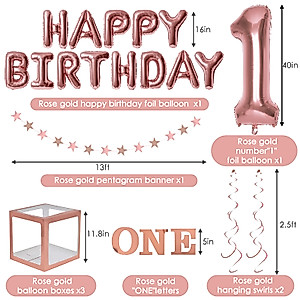 RUBFAC 1st Birthday Rose Gold Baby Shower Decorations for Girl Rose Gold Balloons 1st ONE Boxes Foil Balloon Hanging Swirls for Baby 1st Birthday Party