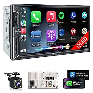 PLZ 7" Wireless Double Din Car Stereo Apple Car Play Radio Carplay Android Auto QLED Touch Screen, Bluetooth 5.3 Audio Receivers, 1080P Backup Camera, 4.2 Channel Outputs 240W, 2 Subwoofer, FM/AM, SWC