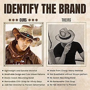 Men's & Women's Western Style Cowboy / Cowgirl Straw Hat with Bull Big Bead Band - Beige