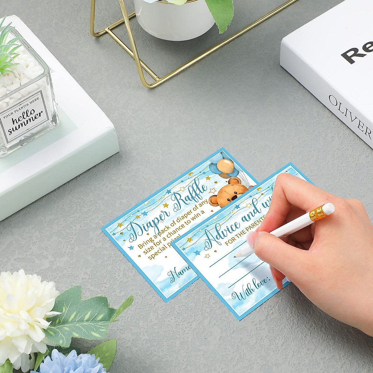 Spakon 51 Pieces Bear Diaper Raffle Tickets with Diaper Raffle Card Box for Baby Shower Decorations Diaper Raffle Sign Blue Bear Themed Insert Card Advice and Wishes Diaper Raffle Insert Ticket