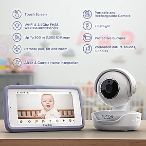 Hubble Nursery Pal Touch 5" Smart Baby Monitor with Camera and Audio, WiFi Baby Camera Monitor with Flexible Wall Mount; Pan Tilt Zoom; 2Way Talk, Interactive Smart HD Monitor & Smartphone App