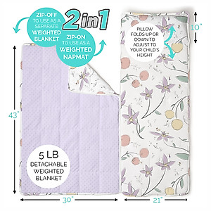 JumpOff Jo - Extra Long Toddler Nap Mat - Sleeping Bag for Kids with 5lb. Detachable Weighted Blanket and Removable Pillow for Preschool, Daycare, and Sleepovers - 53 x 21 Inches - Fairy Blossom