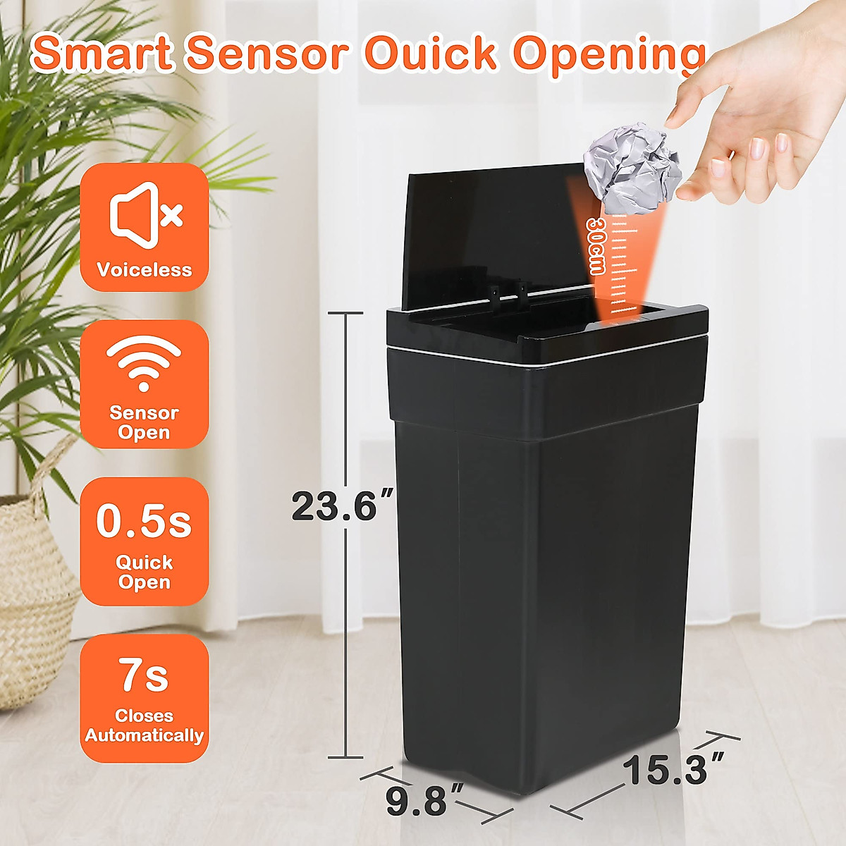 MKDLUFEI 13 Gallon Motion Sensor Trash Can with Lid, Black, Plastic