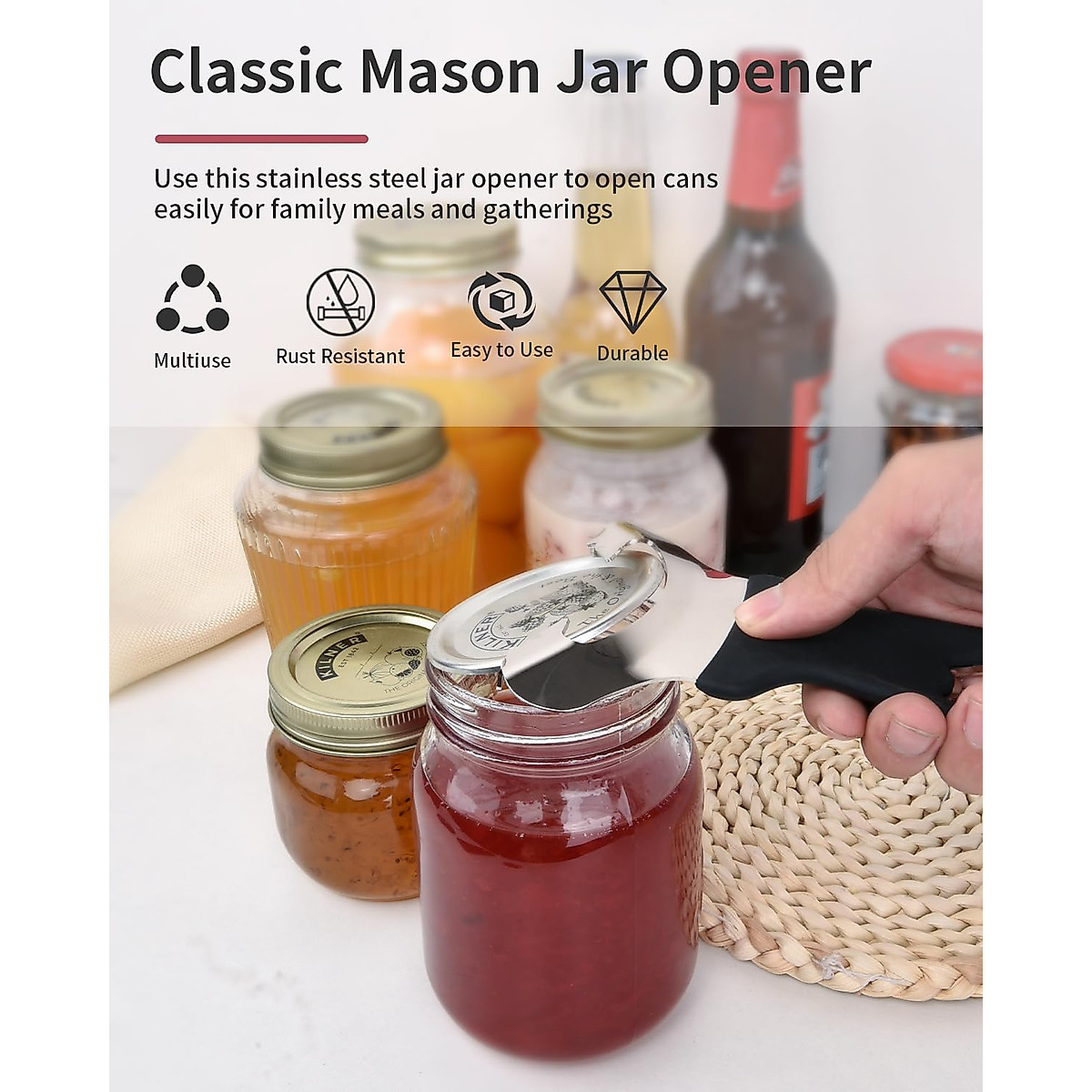CYDW Mason Jar Opener Tool with Soft Touch Handle, No Lid Dents or Damage, Can Opener Manual Multi-Purpose, Easy Twist Manual Handheld Top Remover, Canning Supplies, Bottle Opener, Made for Lifetime
