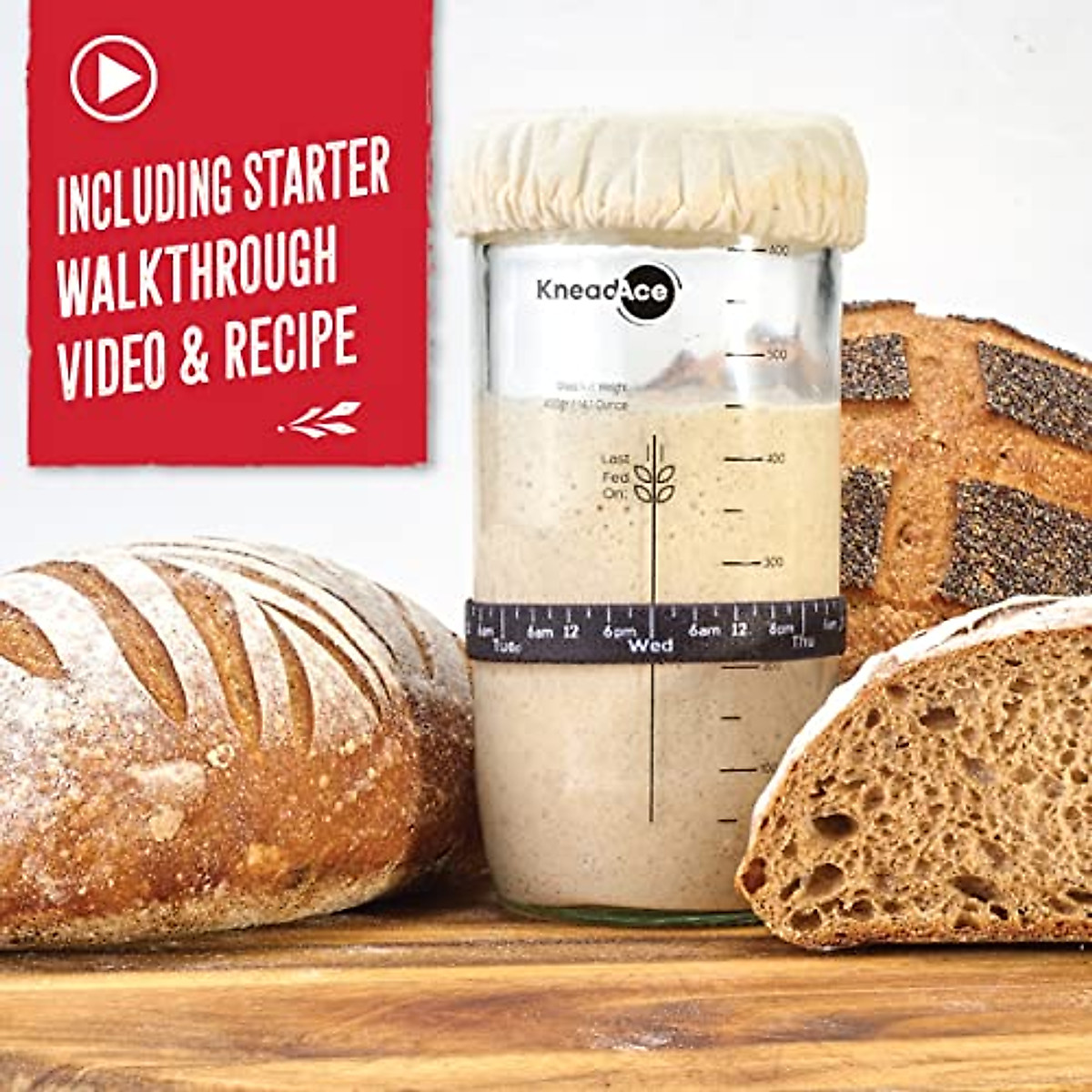 KneadAce Sourdough Starter Jar With Date Marked Feeding Band, Thermometer, Sourdough Jar Scraper, Sourdough Container Sewn Cloth Cover & Metal Lid, Sourdough Starter Kit For Sourdough Bread Baking