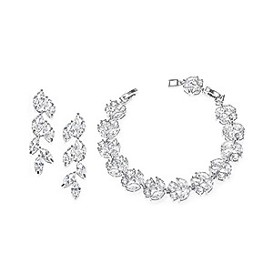 UDYLGOON UDORA Cubic Zirconia Leafs Earrings Bracelet Jewelry Set For Bridal Bridesmaid Wedding Prom (White Gold)