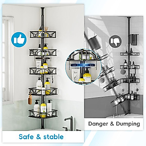 Skycarper 5 Tier Adjustable Corner Shower Caddy Organizer with Hooks,Rustproof Tension Pole 62-116 Inch, Black