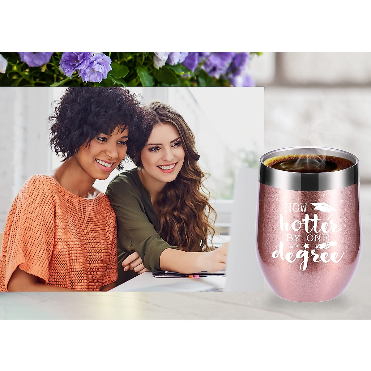 momocici Now Hotter by One Degree 12 OZ Wine Tumbler.Graduation Gifts. Gift for College and High School Graduates.College Grad Masters Degree Gifts for Men Women Mug(Rose Gold)