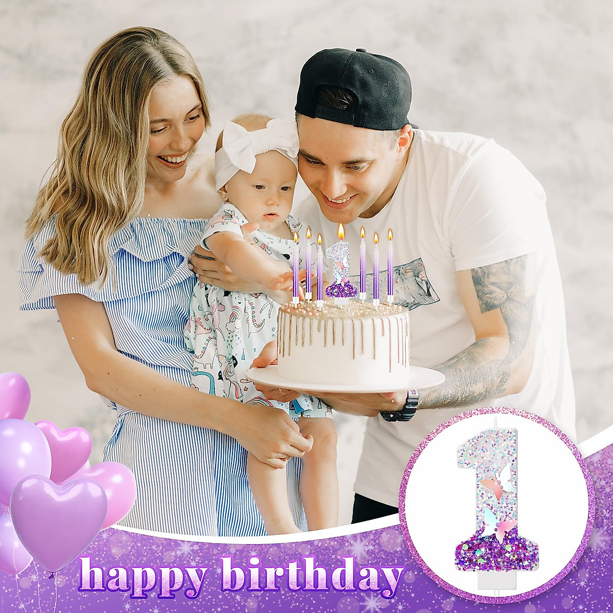 Amylove Purple Butterfly Number 1 Birthday Candle for Cake with 6 Long Thin Cupcake Candles Girls Sparkling Candles Sequin Glitter Purple Candle for Women Girl Anniversary Wedding